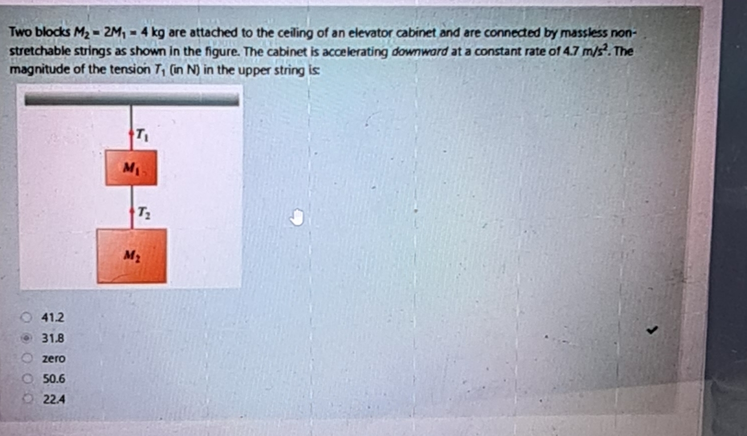 Solved Two blocks M2=2M1=4kg ﻿are attached to the ceiling of | Chegg.com