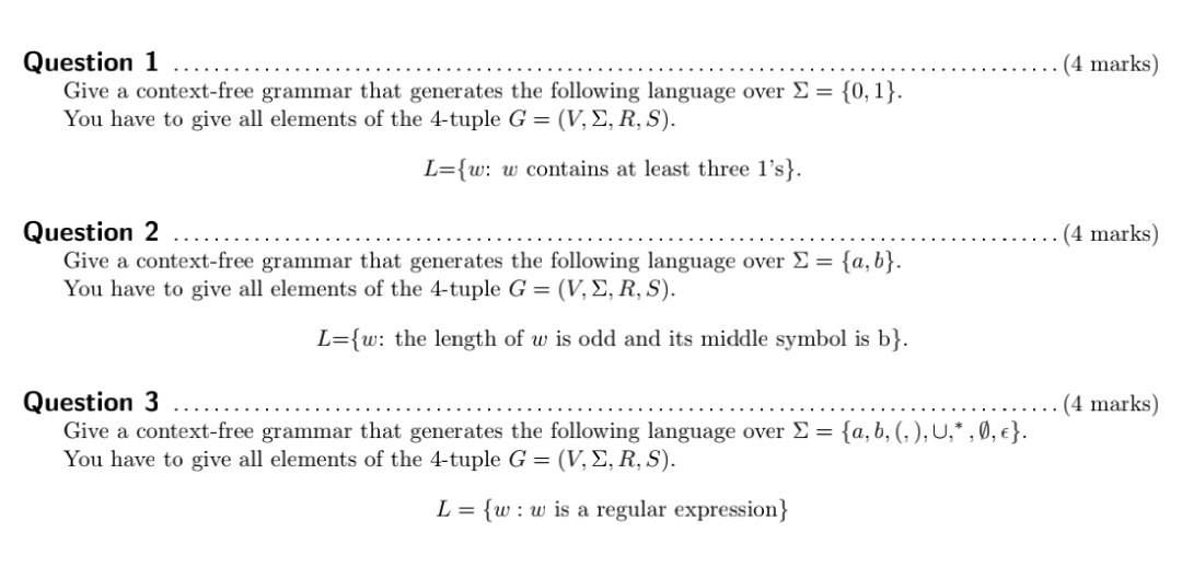 Solved Question 1(4 ﻿marks)Give a context-free grammar that | Chegg.com