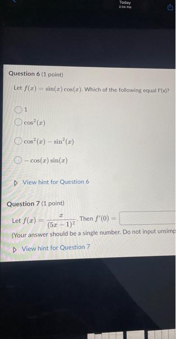 Solved Let f(x)=sin(x)cos(x). Which of the following equal | Chegg.com
