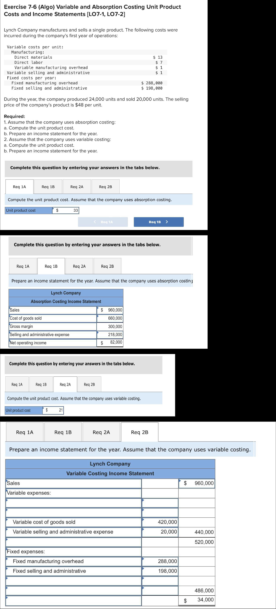 Solved Exercise 7-6 (Algo) ﻿Variable and Absorption Costing | Chegg.com