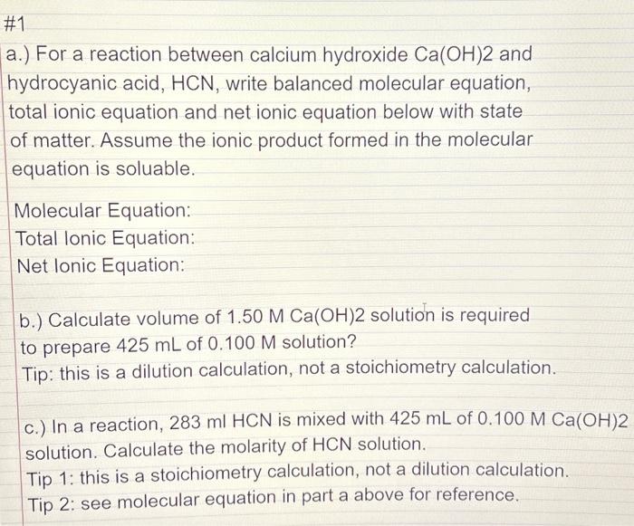 Solved a.) For a reaction between calcium hydroxide Ca(OH)2 | Chegg.com