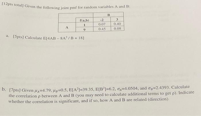 Solved [12pts total] Given the following joint pmf for | Chegg.com