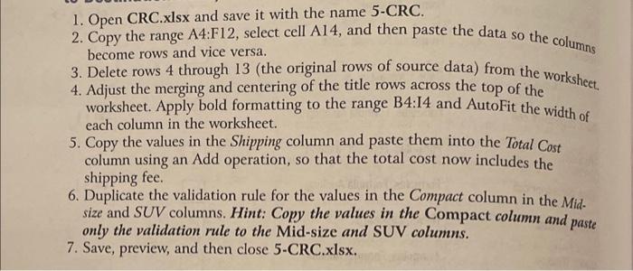 Solved 1. Open CRC.xlsx and save it with the name 5-CRC. 2. | Chegg.com