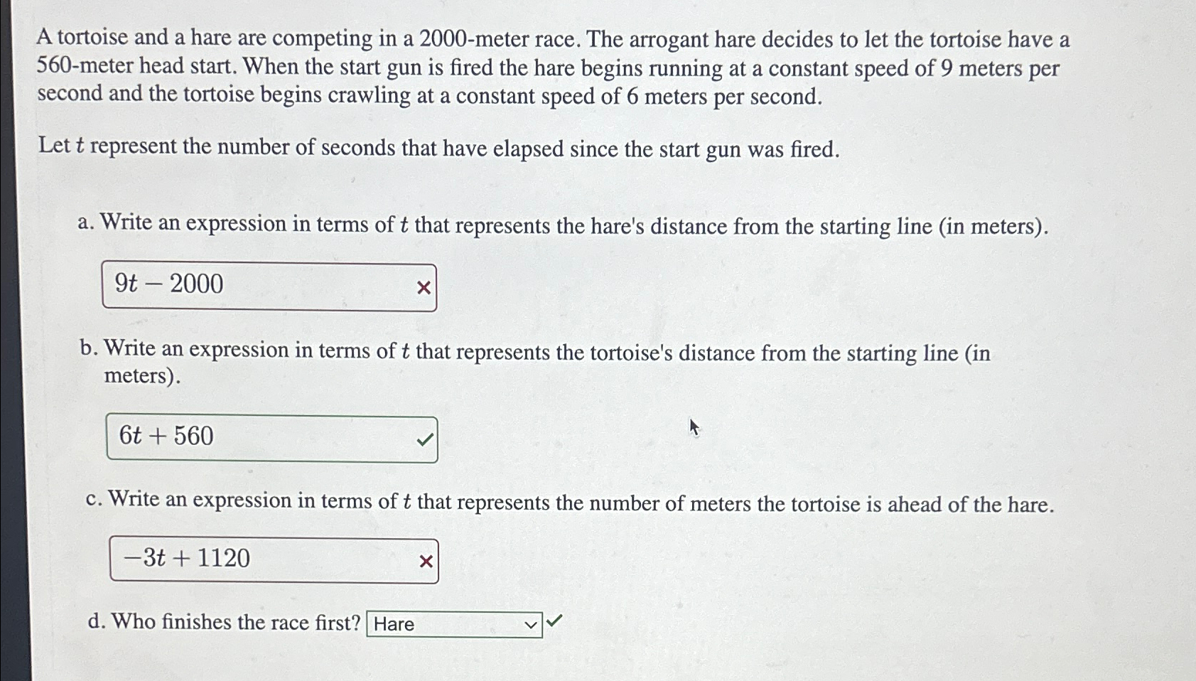 Solved A tortoise and a hare are competing in a 2000-meter | Chegg.com