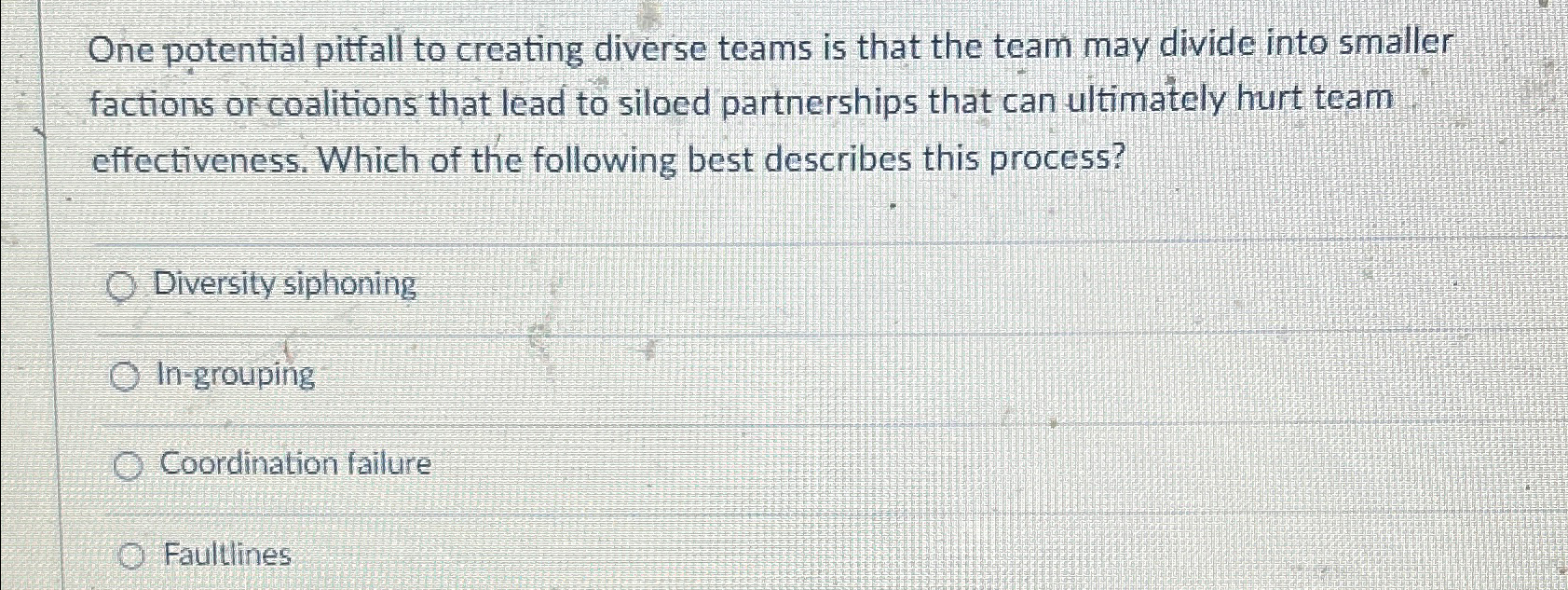 Solved One potential pitfall to creating diverse teams is | Chegg.com