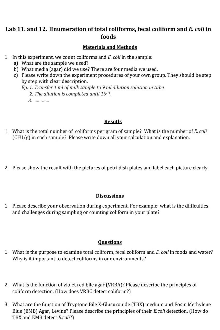 Solved Lab 11. and 12. Enumeration of total coliforms, fecal | Chegg.com