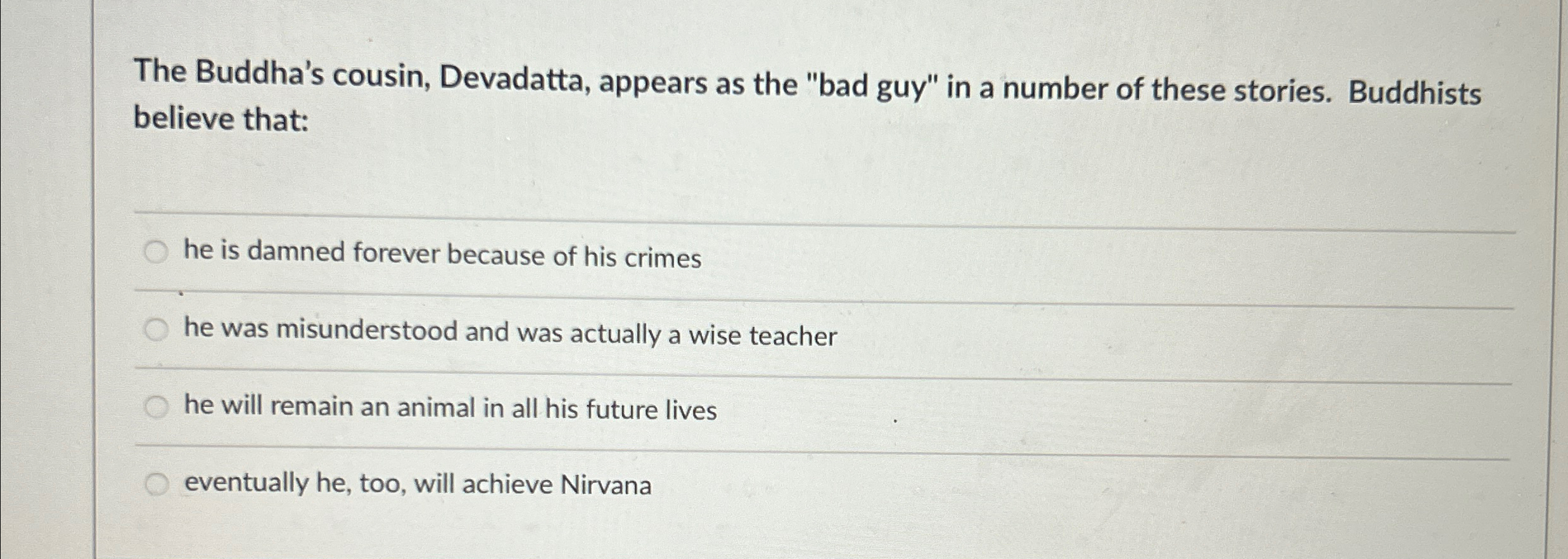 Solved The Buddha's cousin, Devadatta, appears as the "bad | Chegg.com