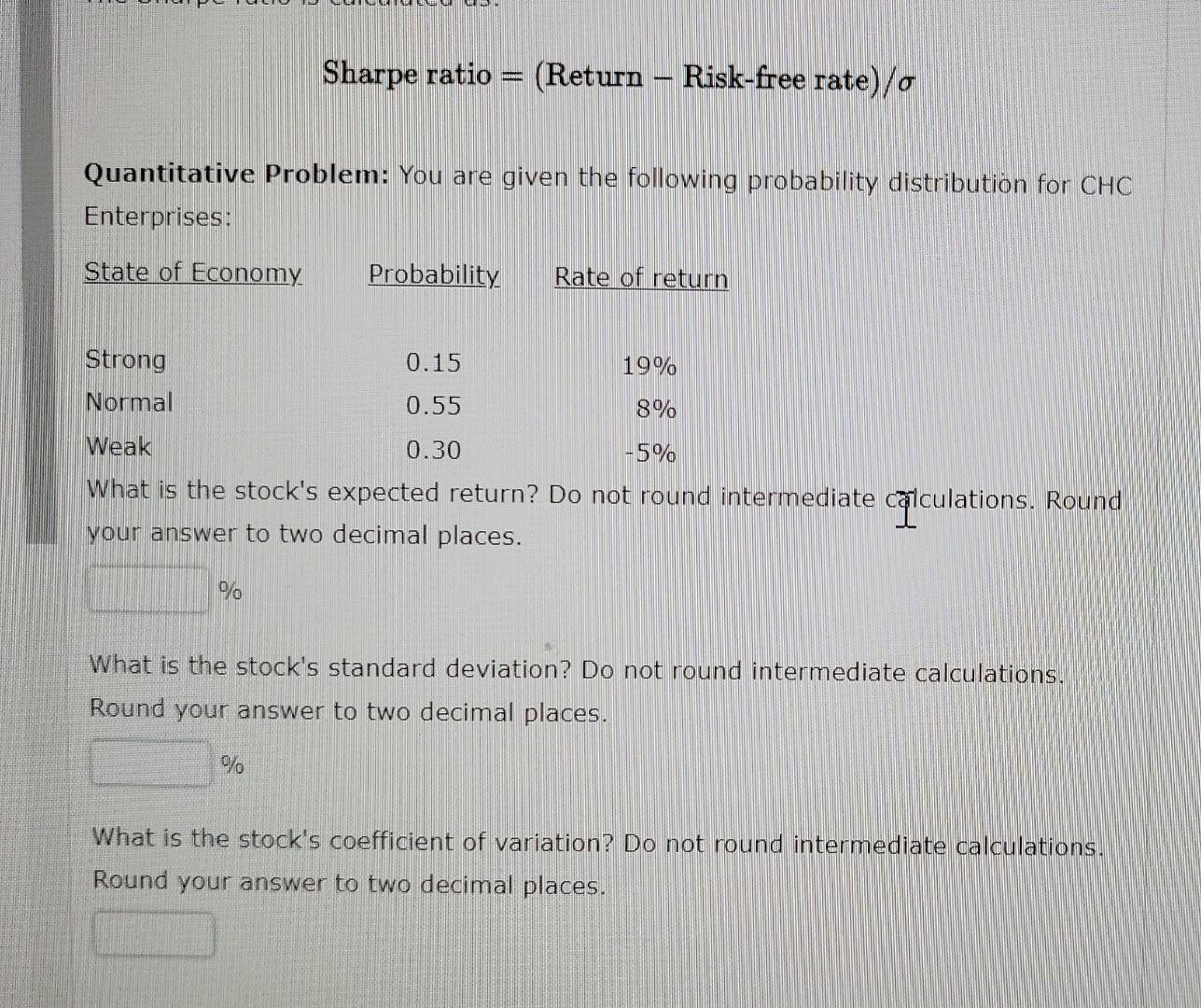 Solved Sharpe ratio =( Return − Risk-free rate )/σ | Chegg.com