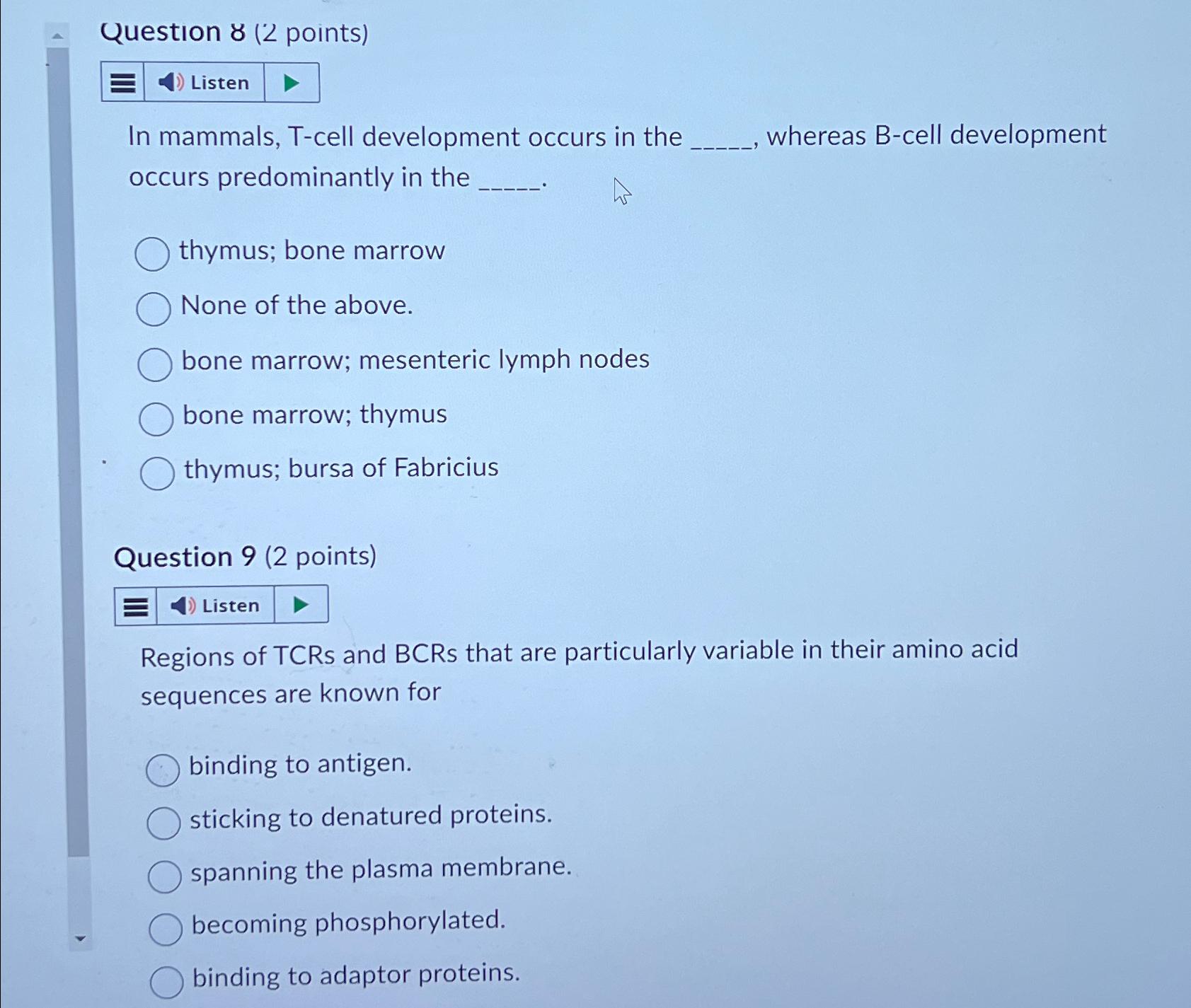 Solved Question 8 ( 2 ﻿points)In mammals, T-cell development | Chegg.com