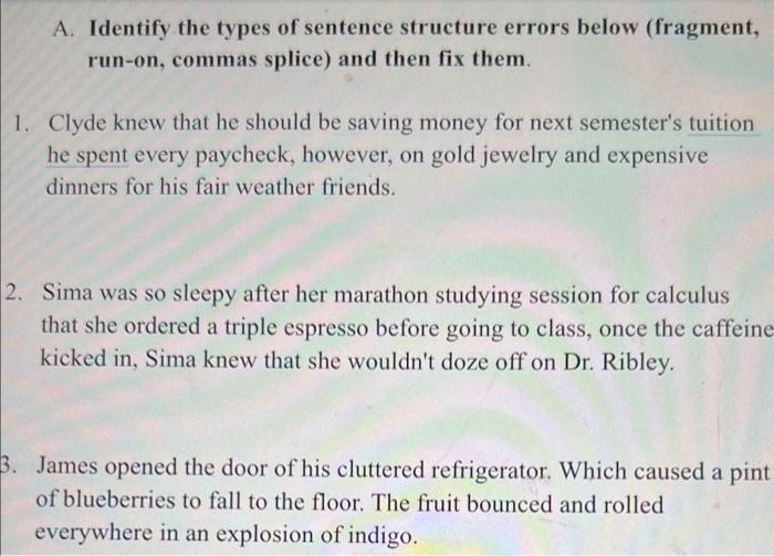 A. Identify the types of sentence structure errors | Chegg.com