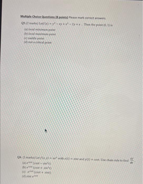 Solved Multiple Choice Questions ( 8 points) Please mark | Chegg.com