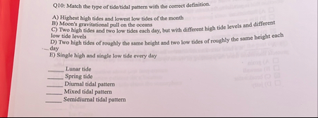 Solved Q10: Mateh the type of tido/tidal pattern with the | Chegg.com