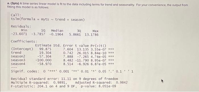 Solved a. (3pts) A time series linear model is fit to the | Chegg.com