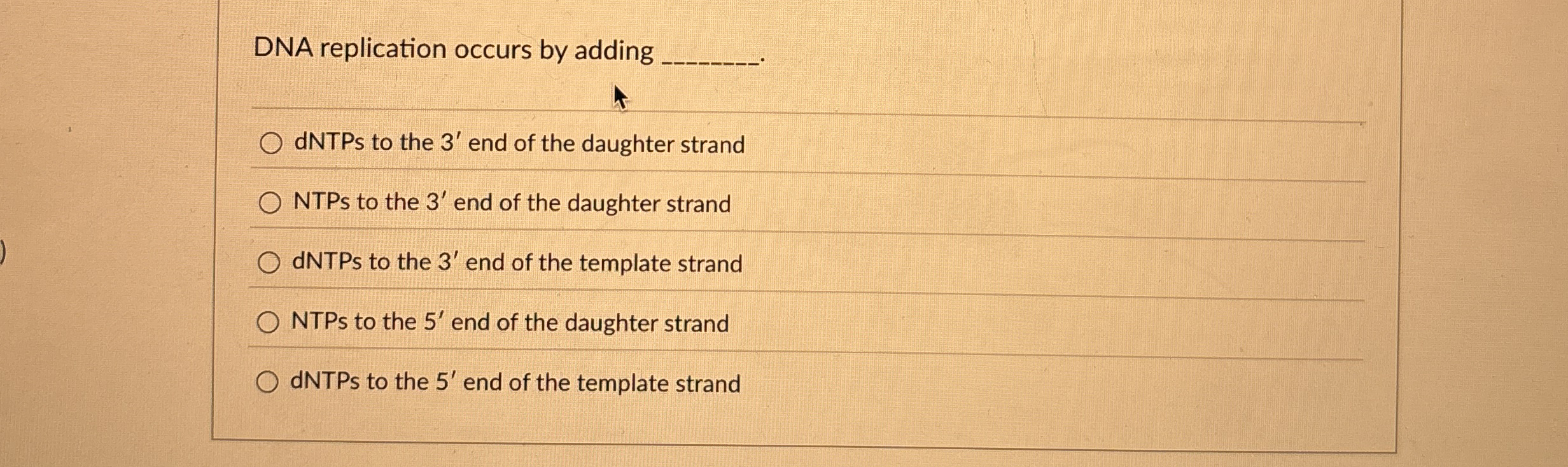 DNA replication occurs by adding q, .dNTPs to the 3' | Chegg.com