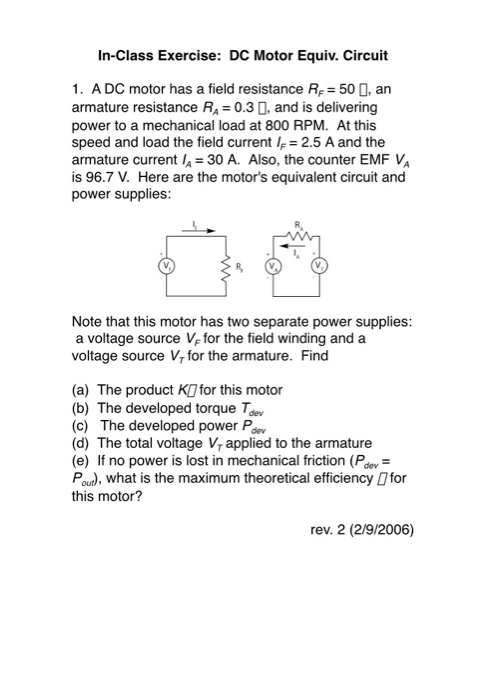 Solved In-Class Exercise: DC Motor Equiv. Circuit 1. ADC | Chegg.com