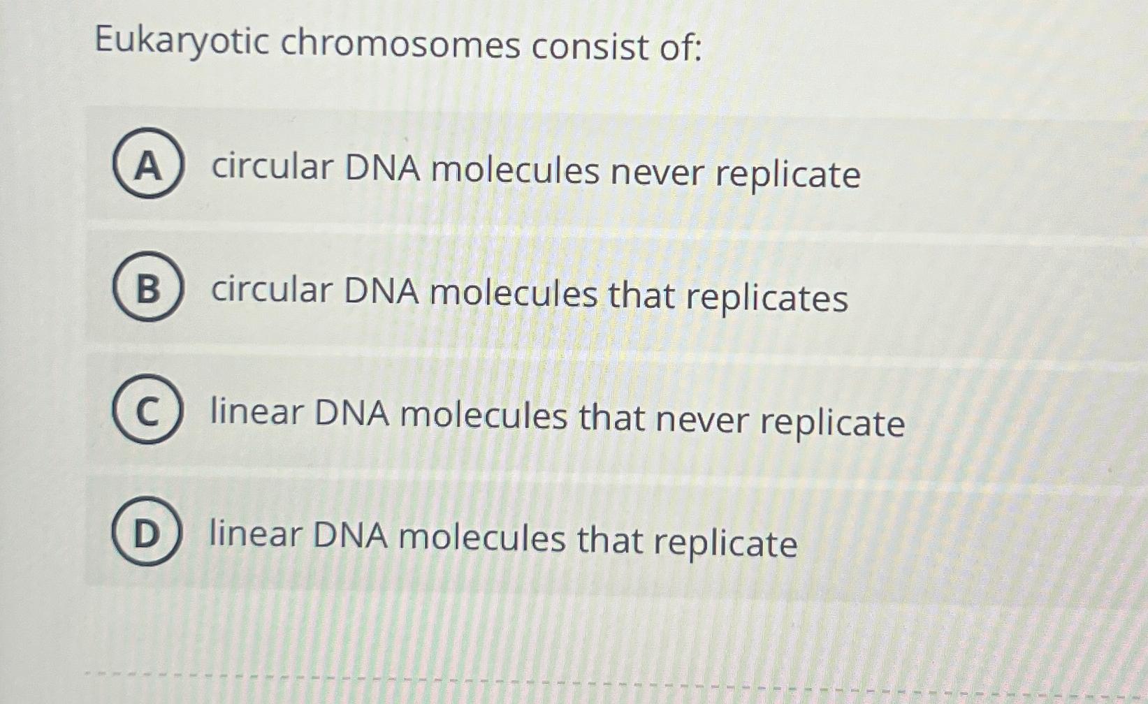 Solved Eukaryotic chromosomes consist of:circular DNA | Chegg.com