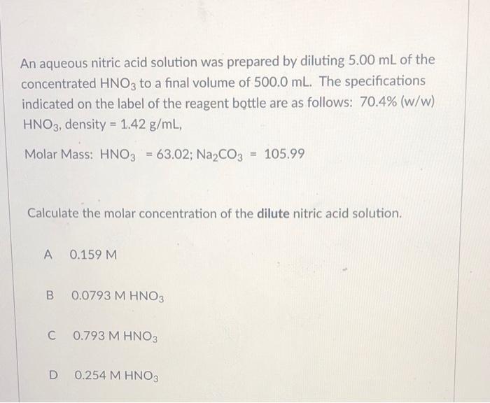 Solved An aqueous nitric acid solution was prepared by | Chegg.com