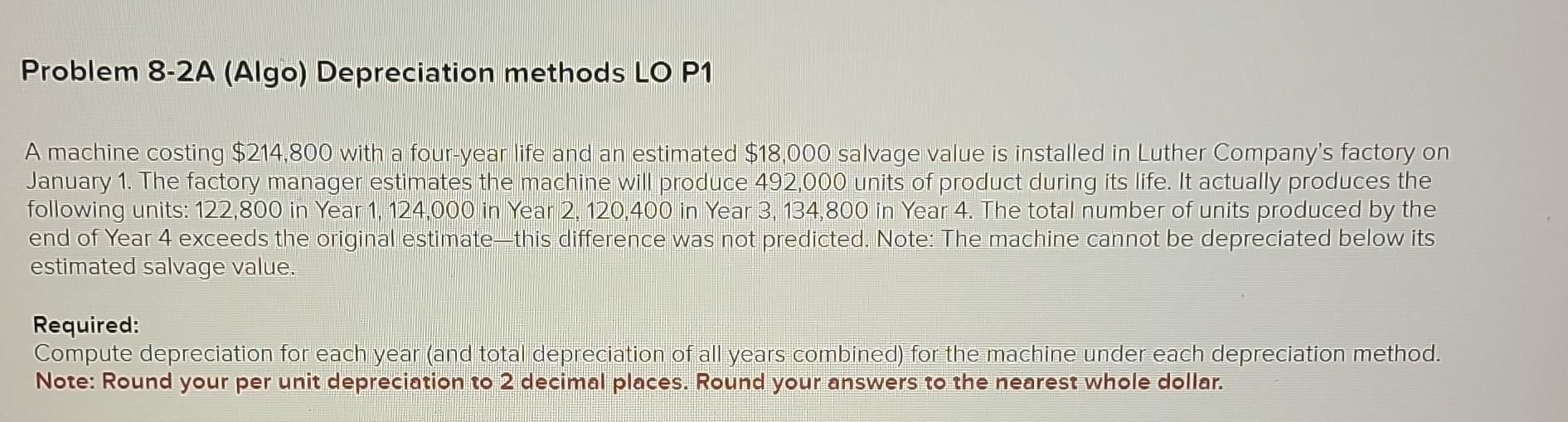Solved Problem 8-2A (Algo) Depreciation methods LO P1 A | Chegg.com