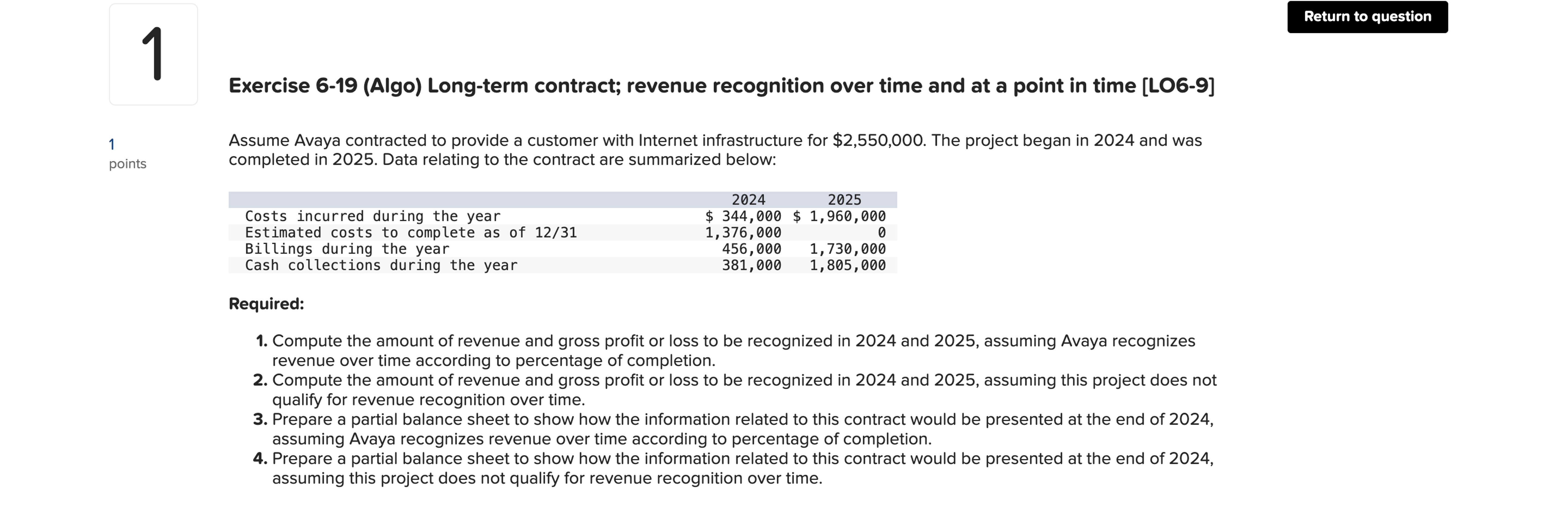 Solved Exercise 6-19 (Algo) ﻿Long-term contract; revenue | Chegg.com