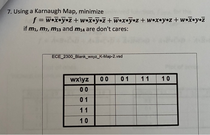 Solved 7. Using a Karnaugh Map, minimize f = w•x•7•ž + w•••ž | Chegg.com