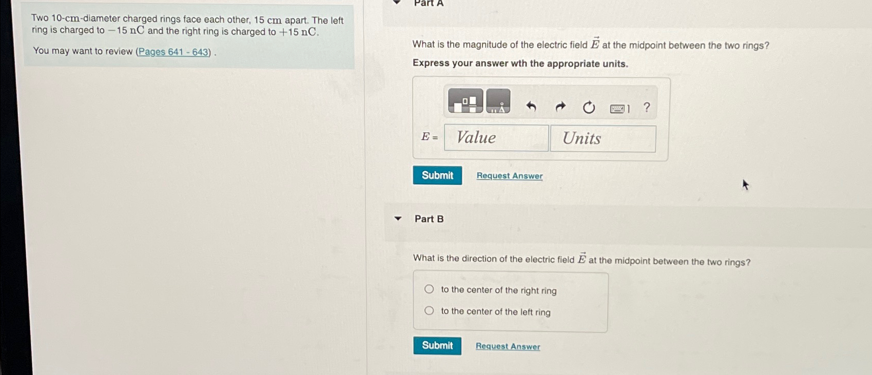 Solved Two 10-cm-diameter charged rings face each other, | Chegg.com