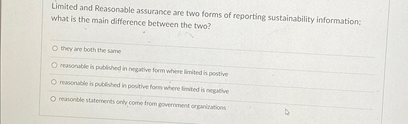 Solved Limited and Reasonable assurance are two forms of | Chegg.com