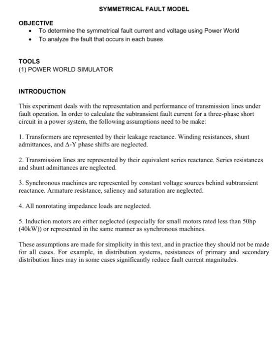 Solved SYMMETRICAL FAULT MODEL OBJECTIVE • To determine the | Chegg.com