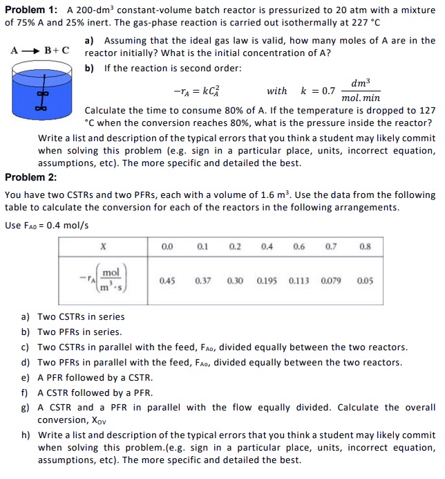 Solved Problem 1: A 200-dm² constant volume batch reactor is | Chegg.com