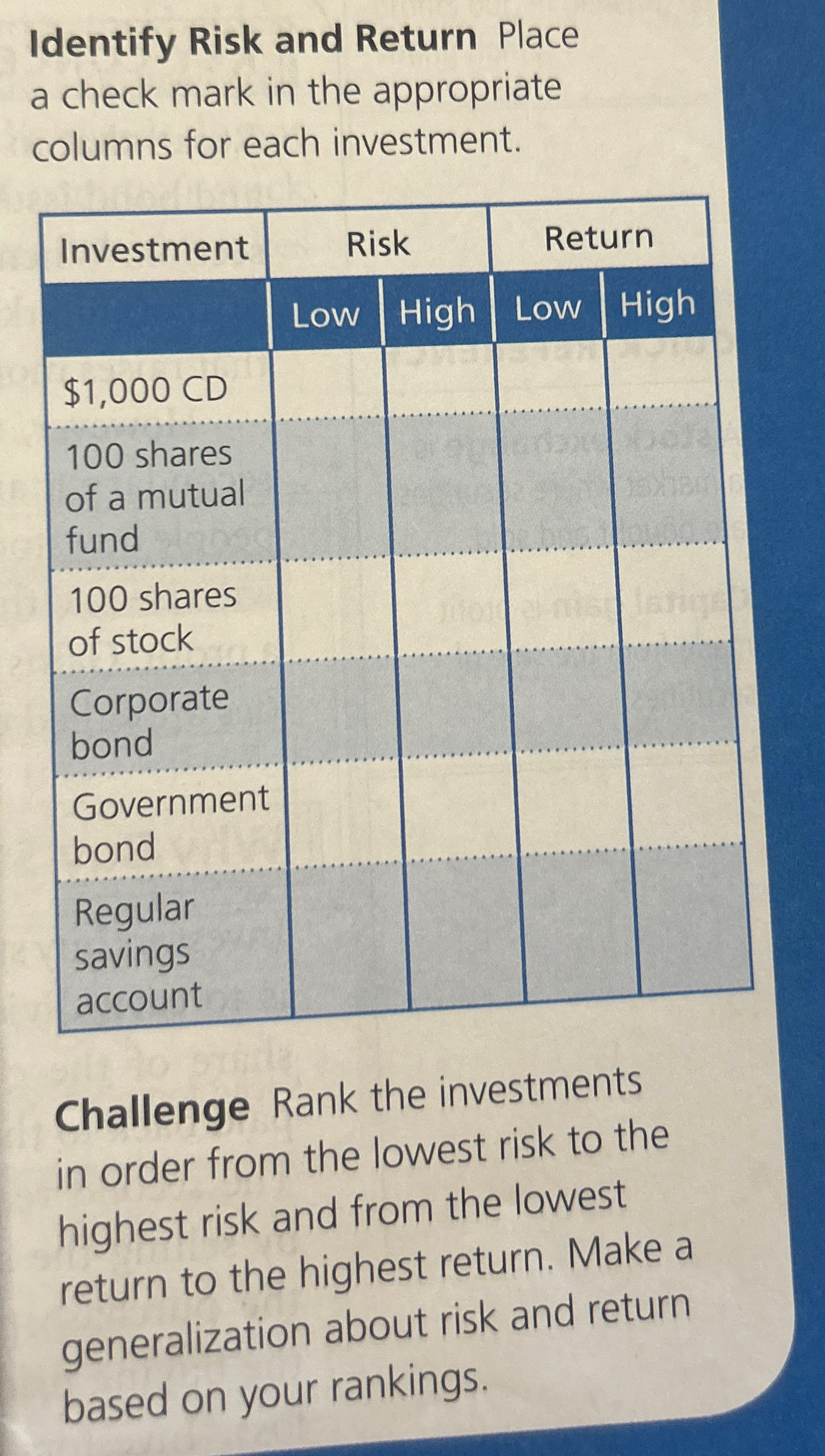 Solved Identify Risk and Return Place a check mark in the | Chegg.com