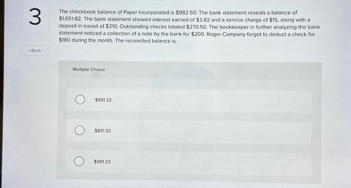 Solved eBook The checkbook balance of Paper Incorporated is | Chegg.com