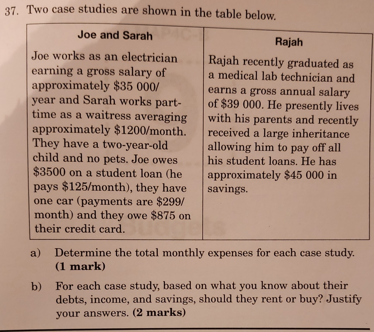 Solved Two case studies are shown in the table below.a) | Chegg.com