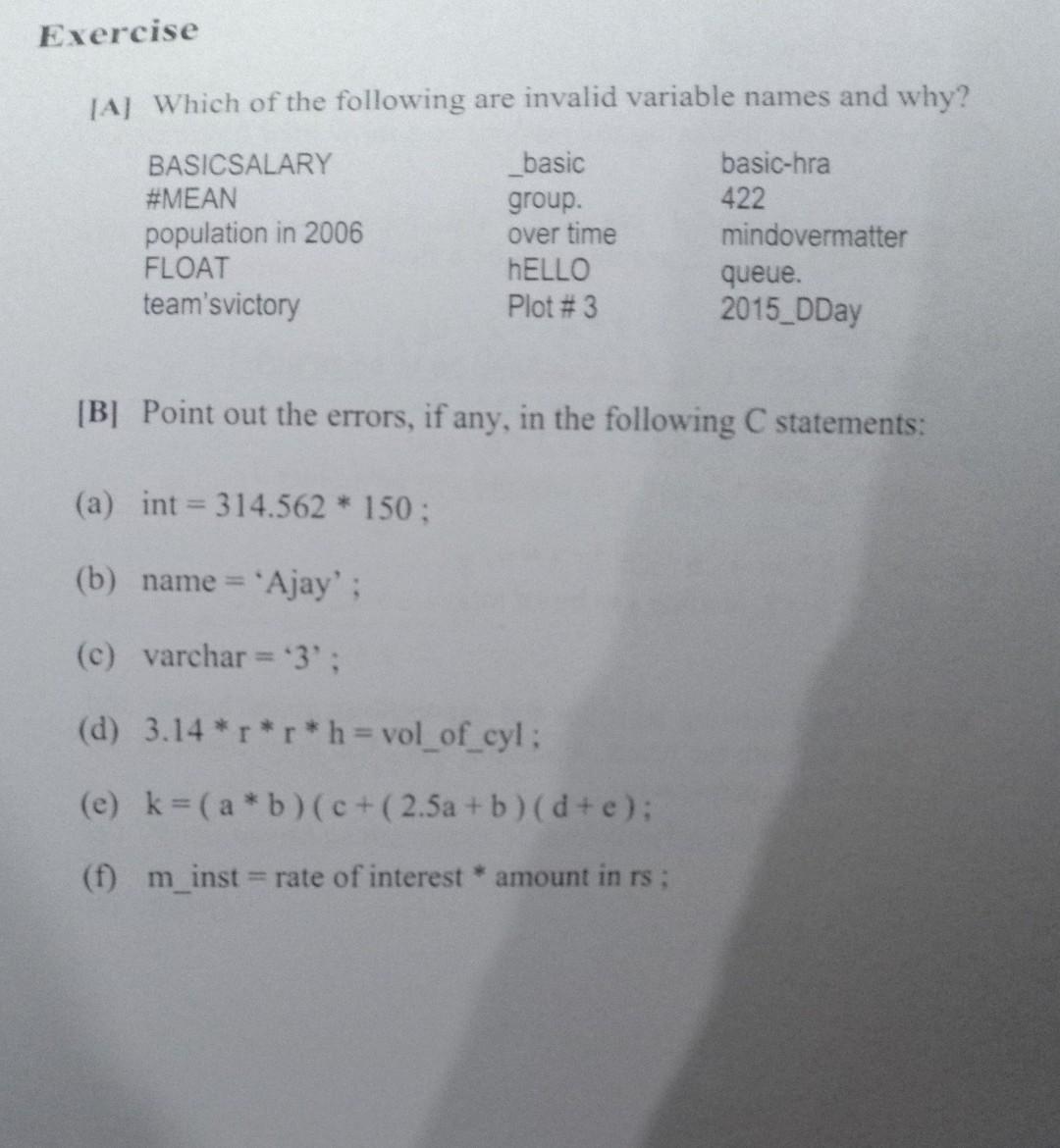 Solved [A] Which of the following are invalid variable names | Chegg.com