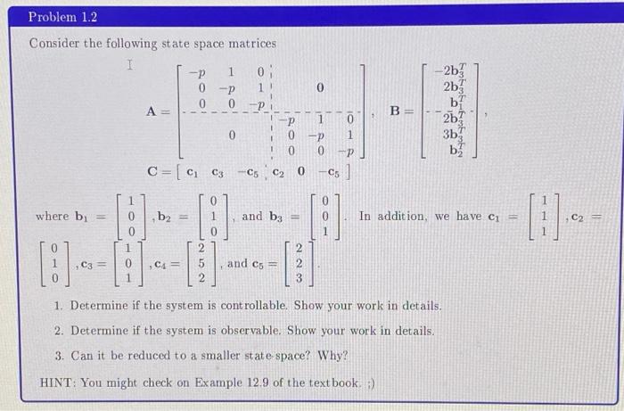 Solved Problem 1.2 Consider the following state space | Chegg.com