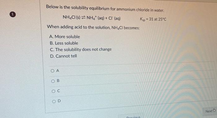 Solved Below is the solubility equilibrium for ammonium | Chegg.com