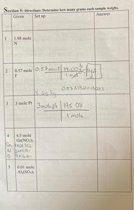 Solved Section 5: Directions: Determine how many grams each | Chegg.com