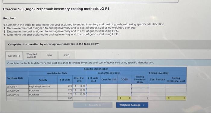 Exercise 5−3 (Algo) Perpetual: Inventory costing | Chegg.com