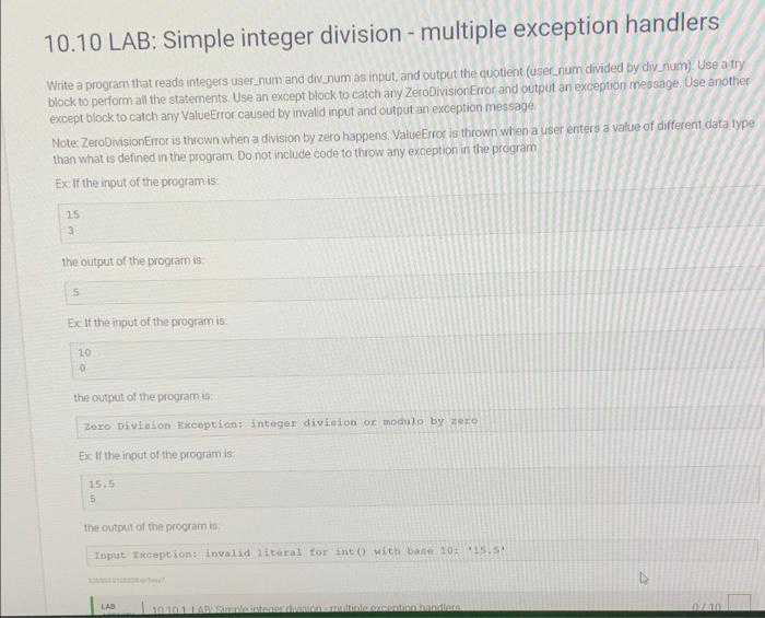 Solved 10 10 LAB Simple Integer Division Multiple Chegg