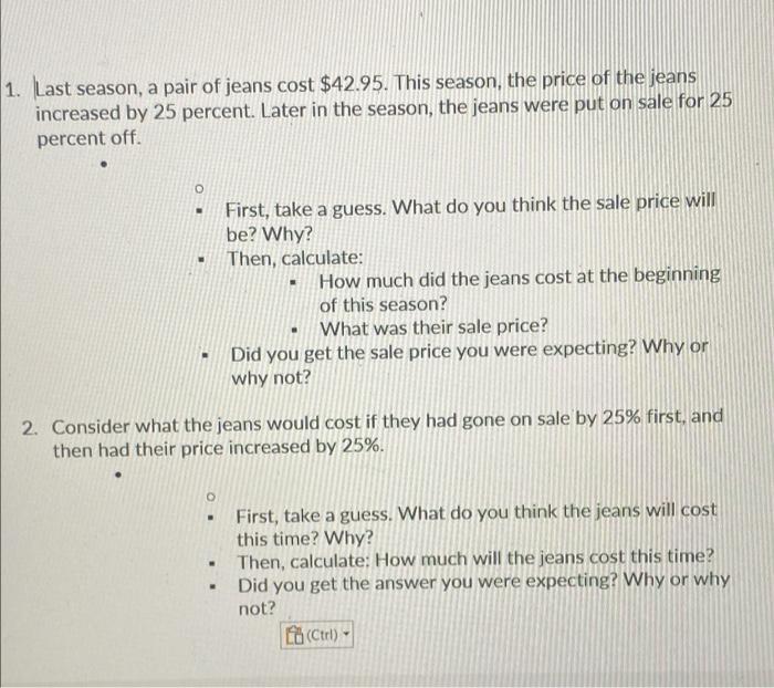 Solved 1. Last season, a pair of jeans cost $42.95. This | Chegg.com