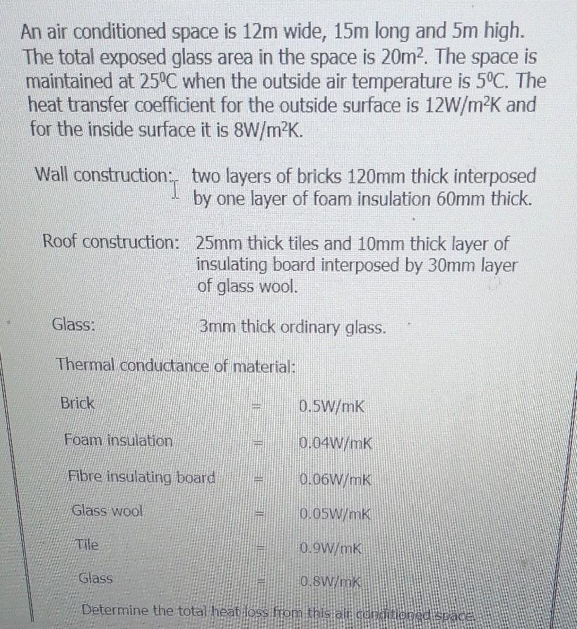 Solved An air conditioned space is 12m wide, 15m long and 5m | Chegg.com