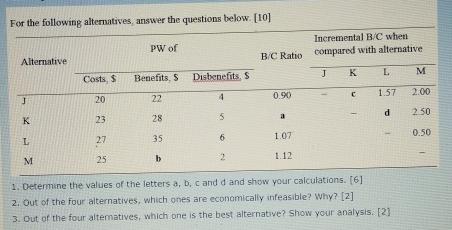 Solved For the following alternatives, answer the questions | Chegg.com