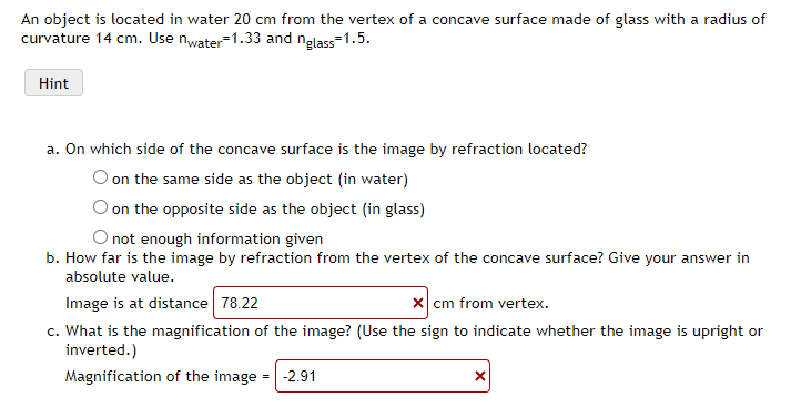Solved An object is located in water 20cm ﻿from the vertex | Chegg.com