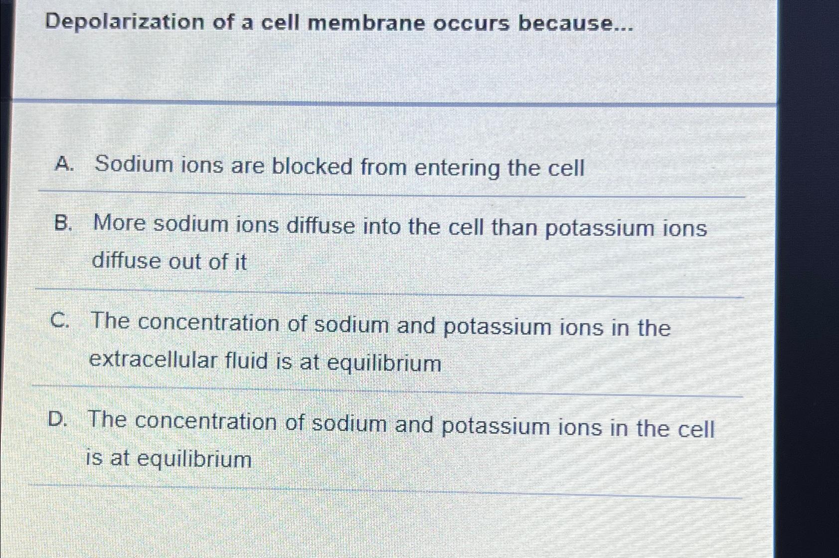 Solved Depolarization of a cell membrane occurs because...A. | Chegg.com