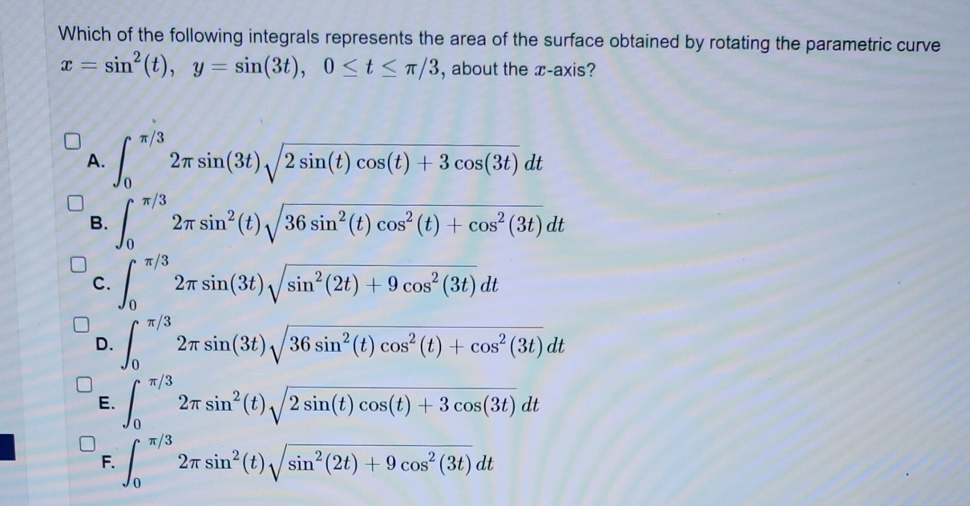 Solved Which of the following integrals represents the area | Chegg.com