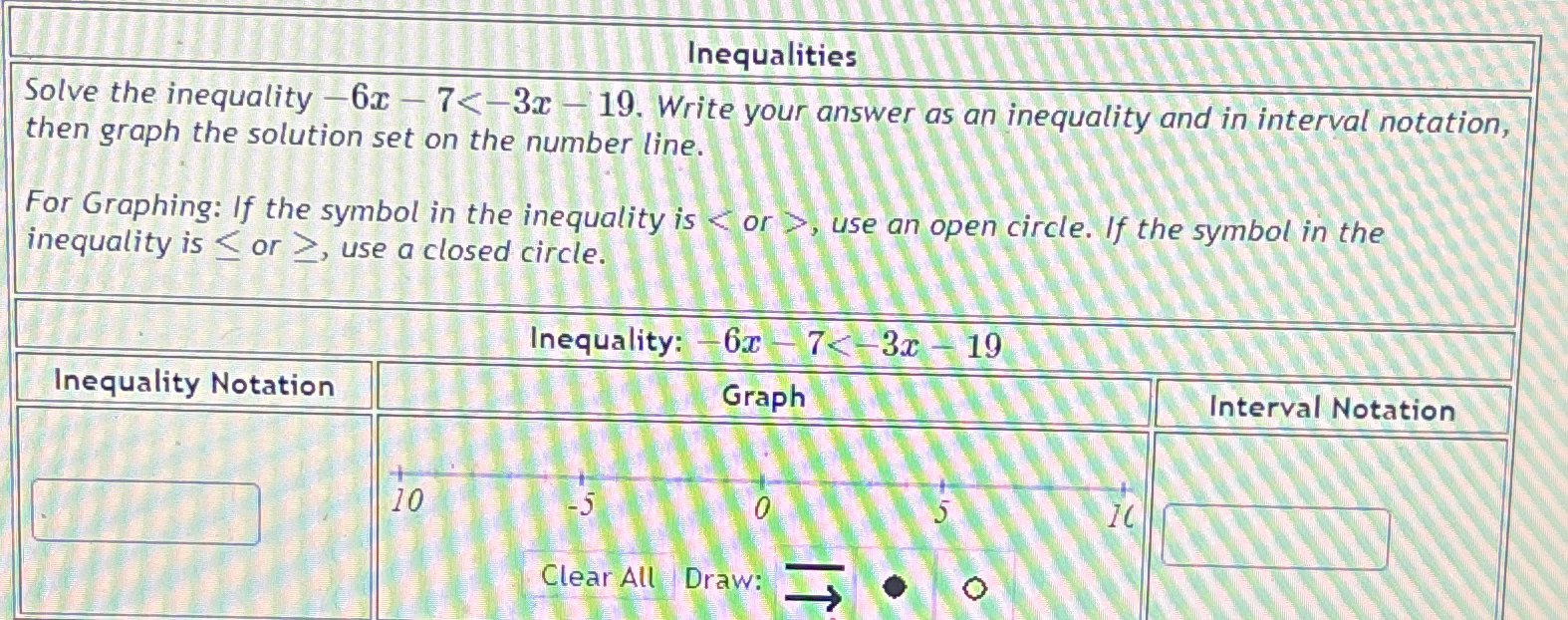 Solved InequalitiesSolve the inequality -6x-7