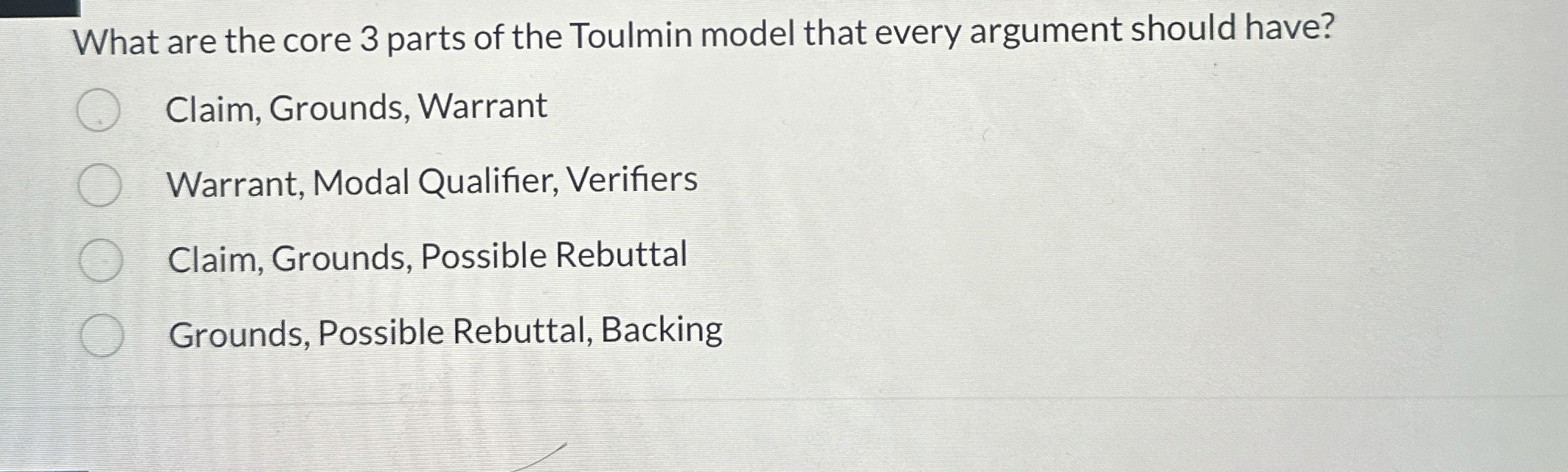 Solved What are the core 3 ﻿parts of the Toulmin model that | Chegg.com