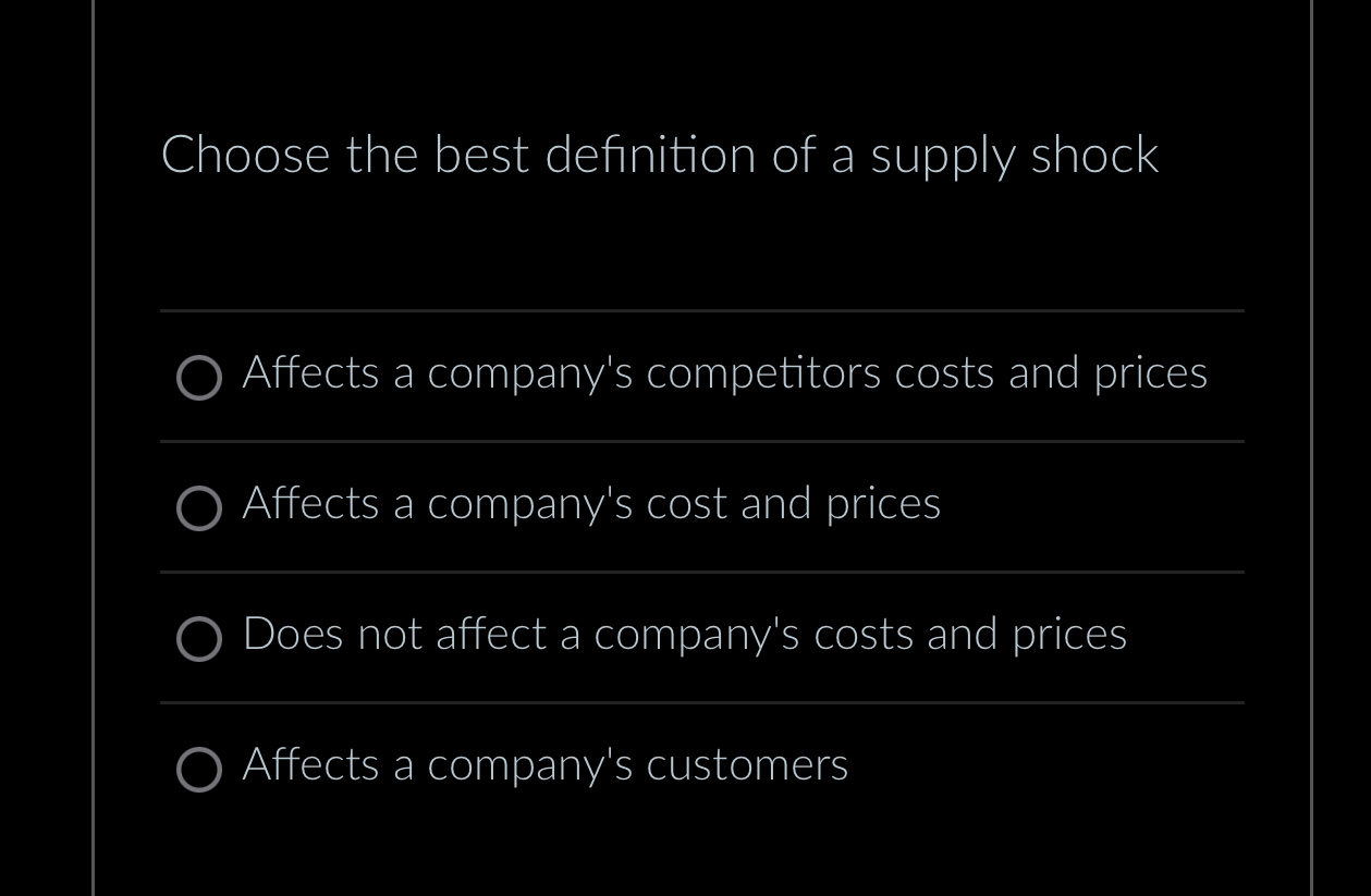 Solved Choose the best definition of a supply shockAffects a | Chegg.com