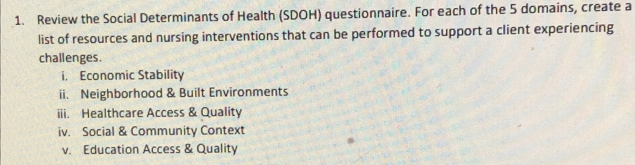 Solved Review the Social Determinants of Health (SDOH) | Chegg.com