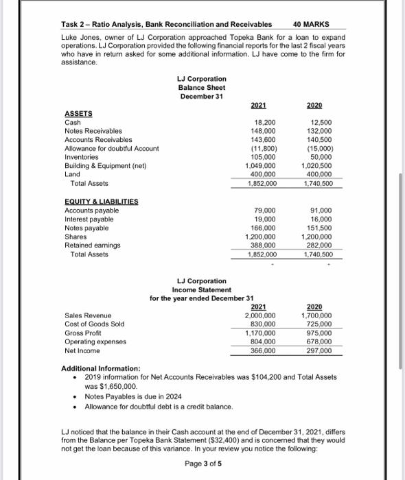 Task 2 - Ratio Analysis, Bank Reconciliation and | Chegg.com