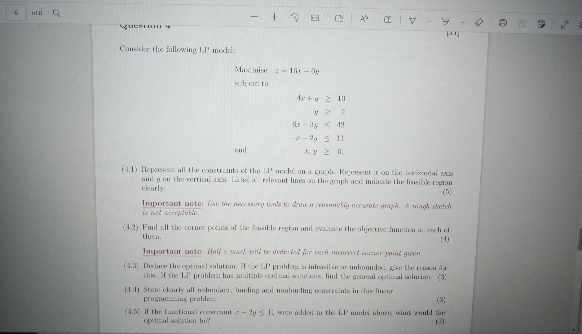 Solved Consider the following LP model: Maximise z=16x−6y | Chegg.com