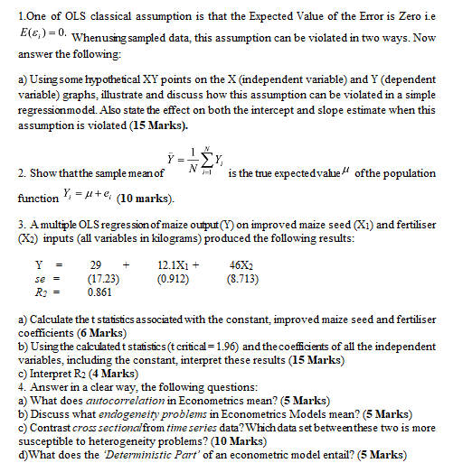 Solved 1 One Of Ols Classical Assumption Is That The